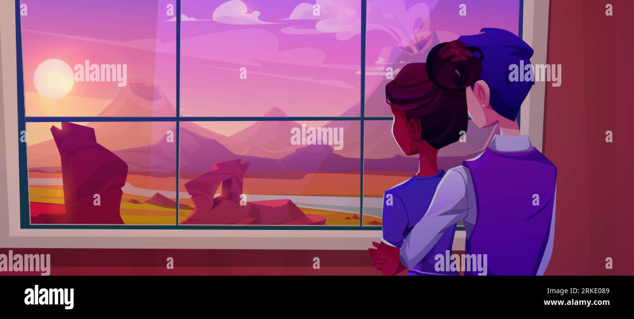 Couple in love looking at romantic sunset through window. Vector ...