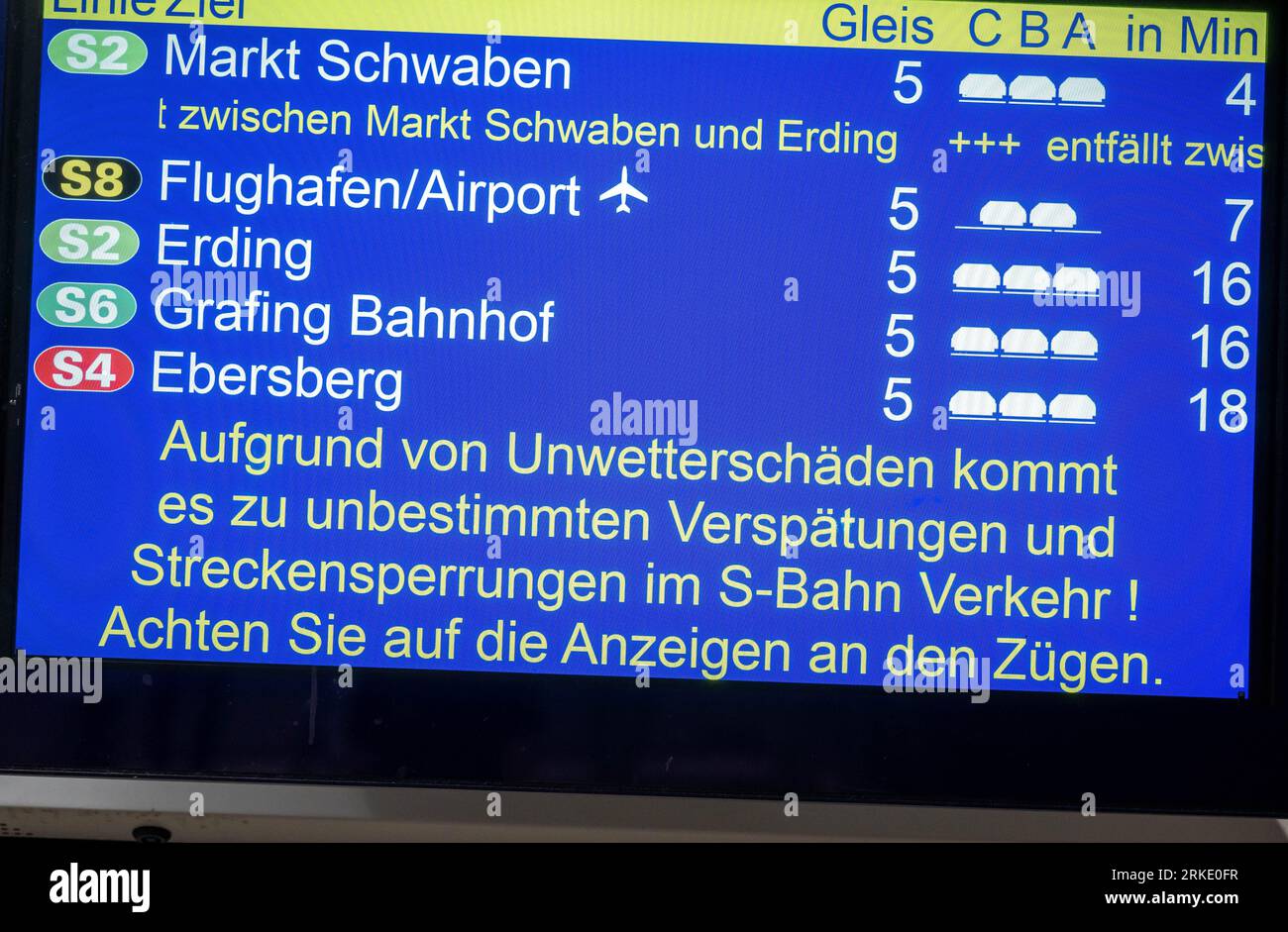 Munich, Germany. 25th Aug, 2023. An S-Bahn display board at the ...