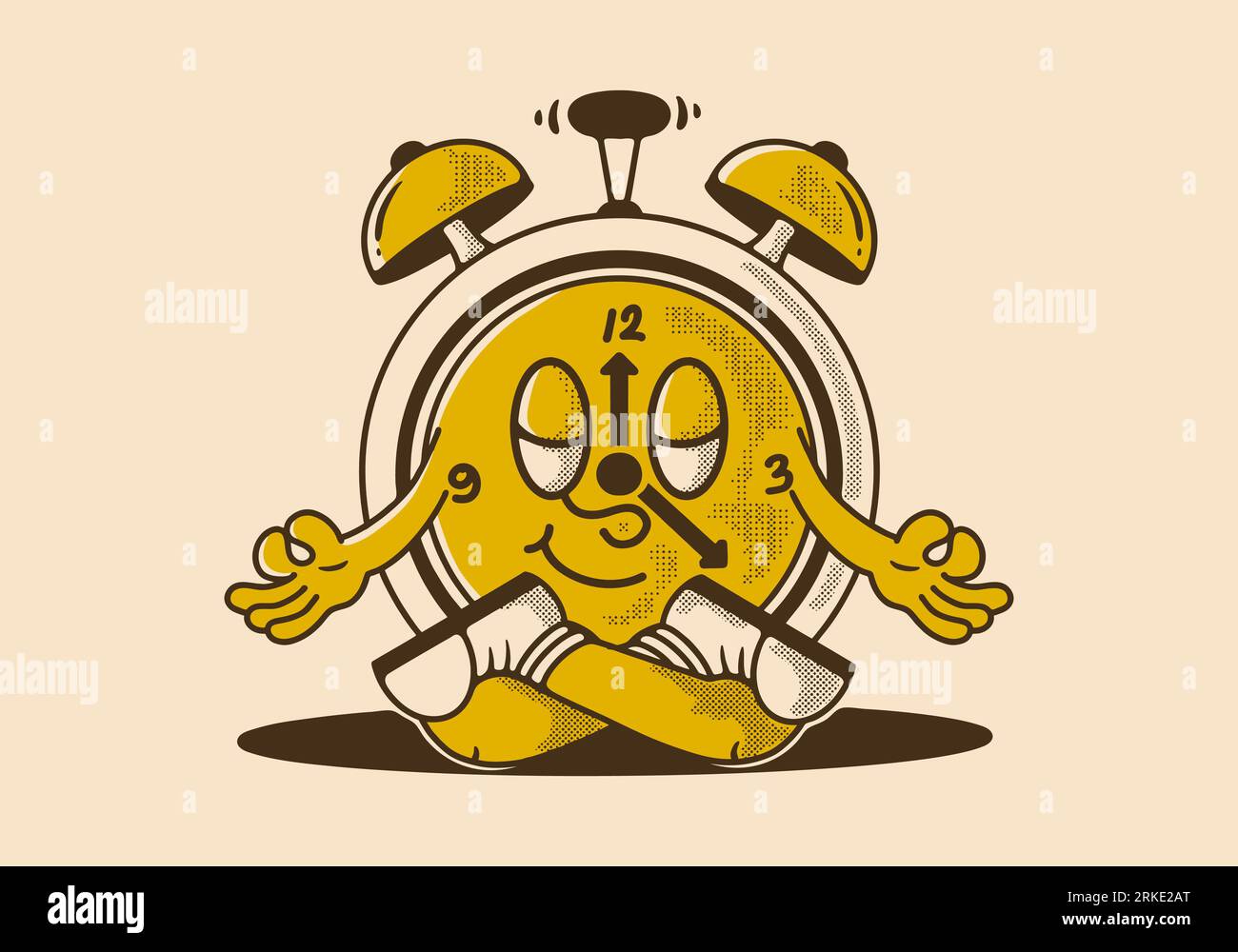alarm clock mascot character in meditation pose, design in vintage ...