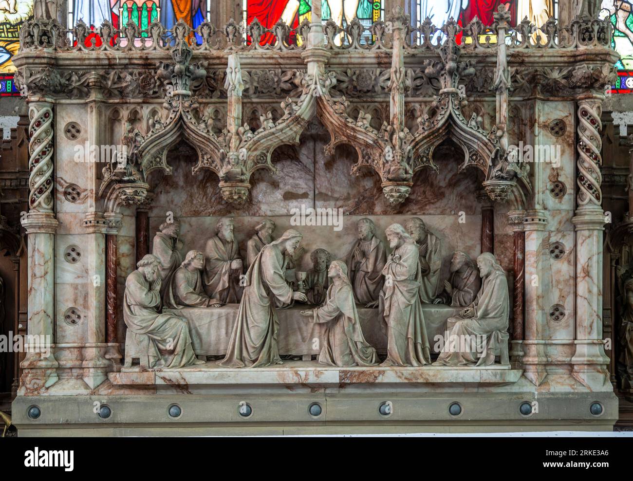 Marble altar reredos of Last Supper, 19th century, church of Saint ...