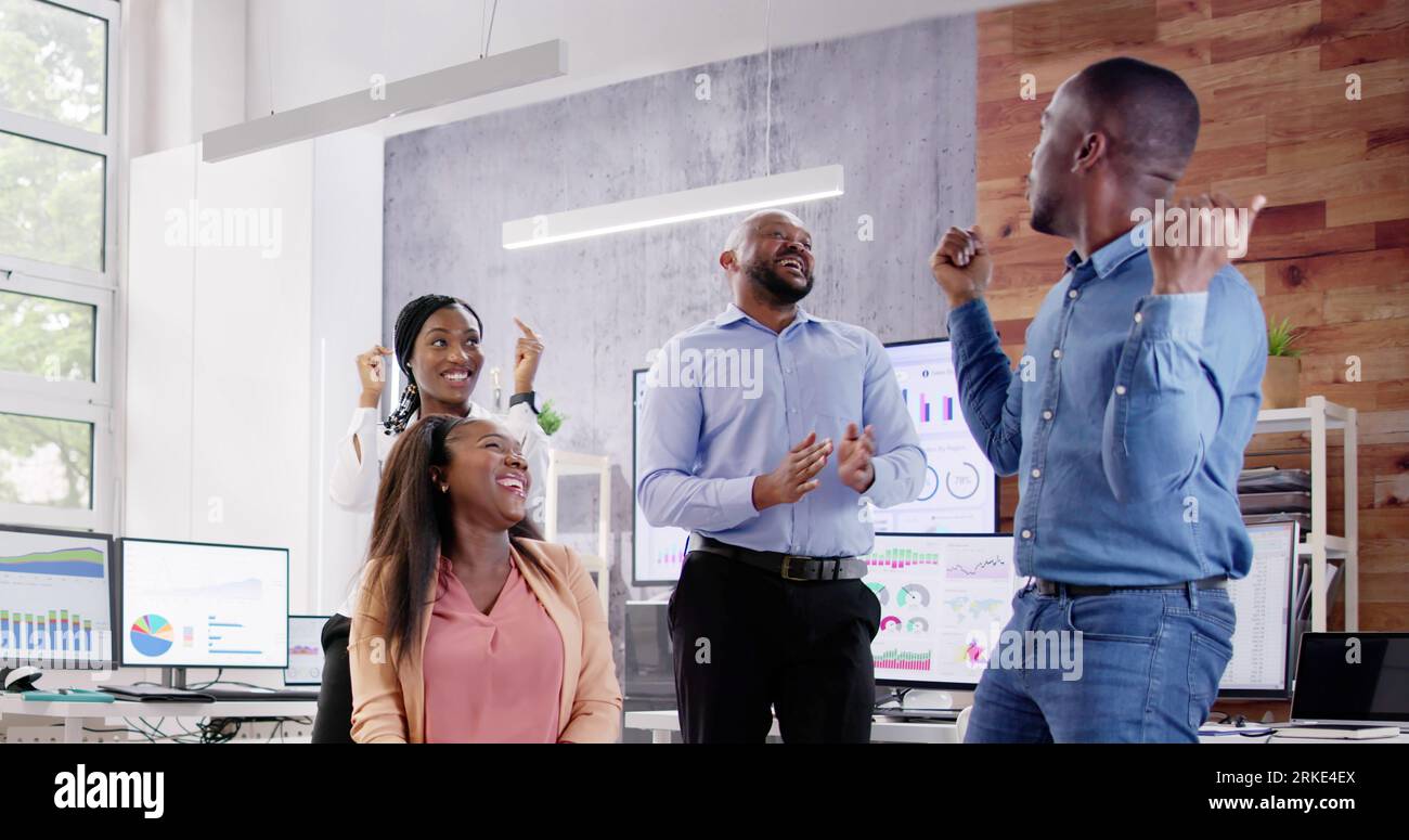 Workers At Workplace High Five. Office Collaboration And Group Spirit ...