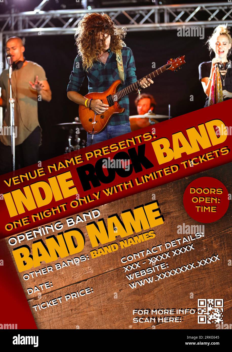 Diverse rock band performing on stage and venue name presents, indie ...