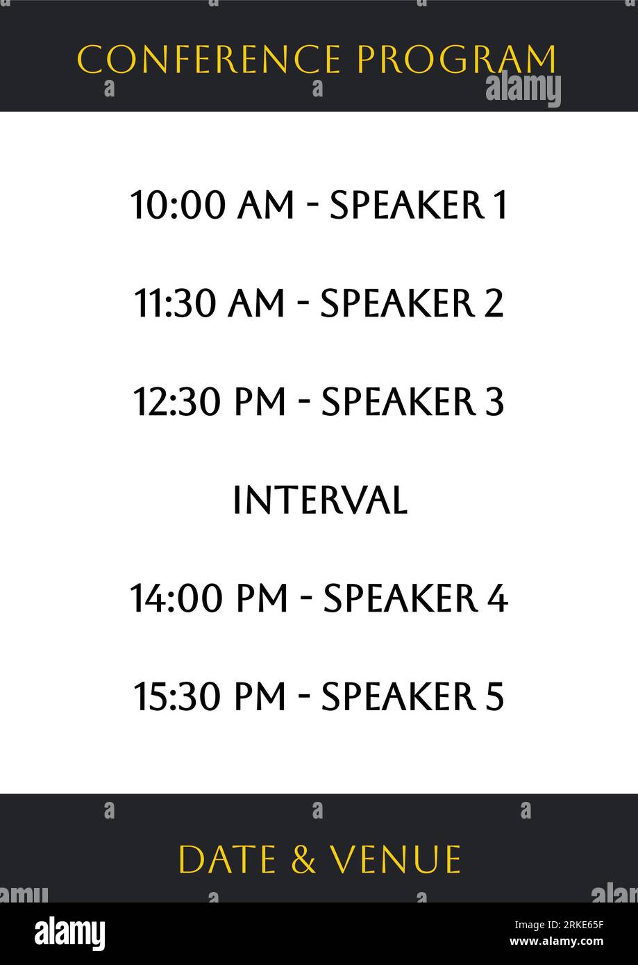 Illustration of conference program with timings, date, venue, speaker 1 ...