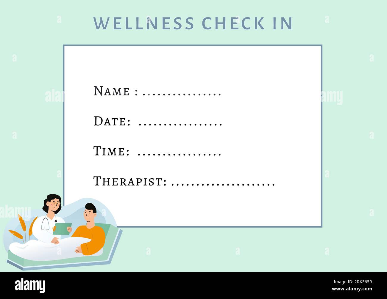 Illustration of doctor and patient with wellness check in, name, date ...