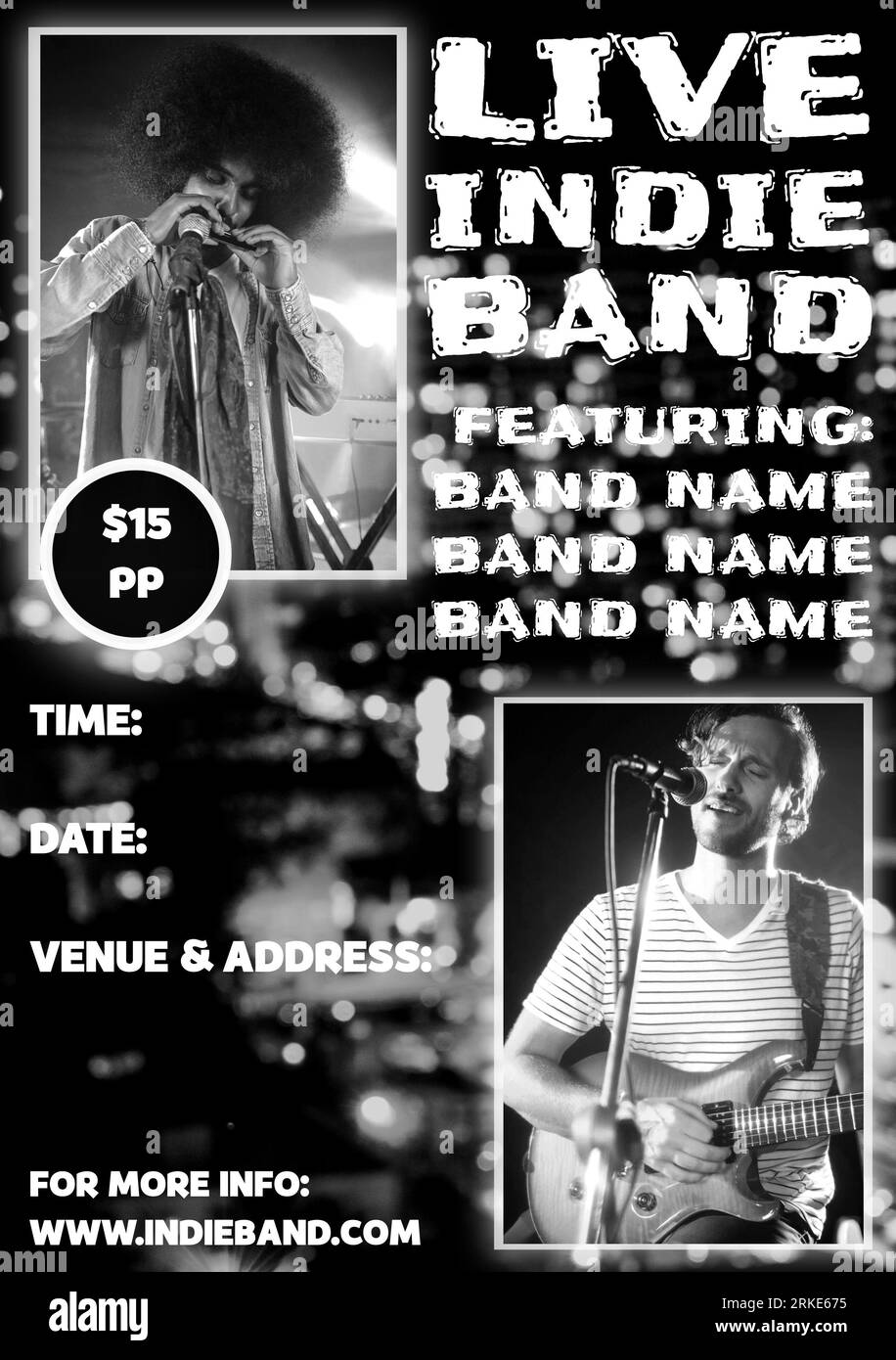 Diverse men performing on stage and live indie band, band name, date ...