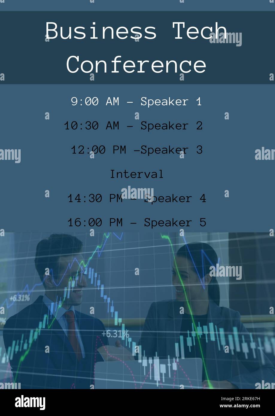 Business tech conference, timings, speaker 1,2,3,4,5 over graphs and ...