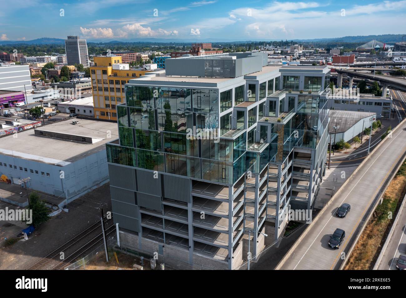 An aerial view of Portland East Side of the Willamette River Downtown ...