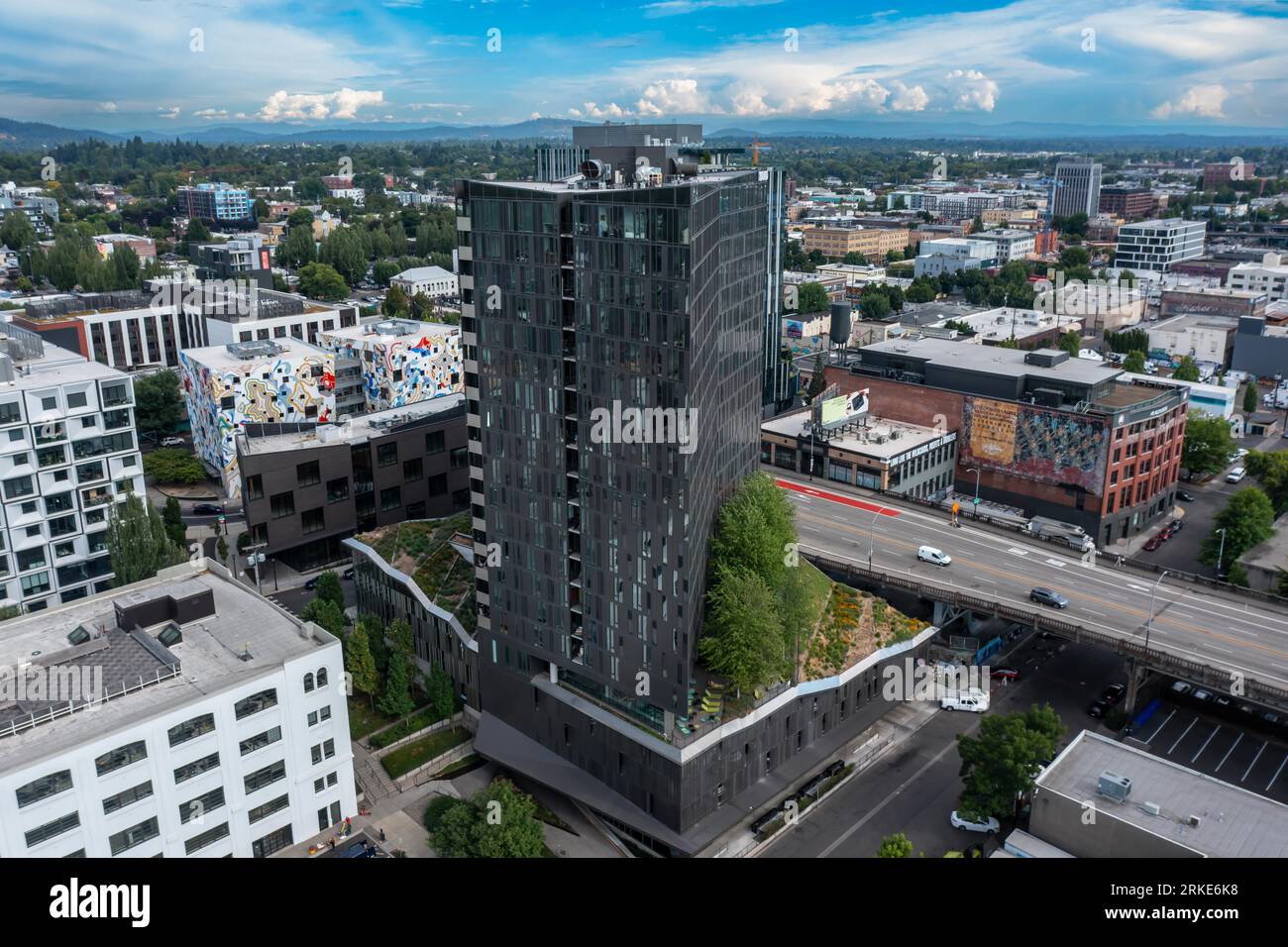 An aerial view of Portland East Side of the Willamette River Downtown ...