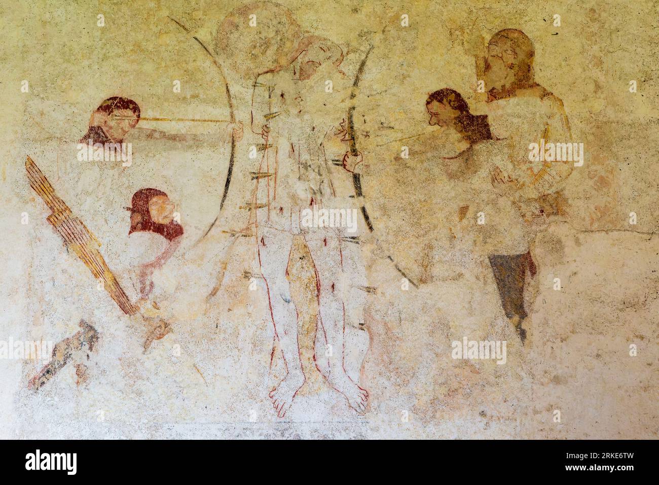 Medieval wall painting martyrdom of King Saint Edmund c 1380-1400, tied ...