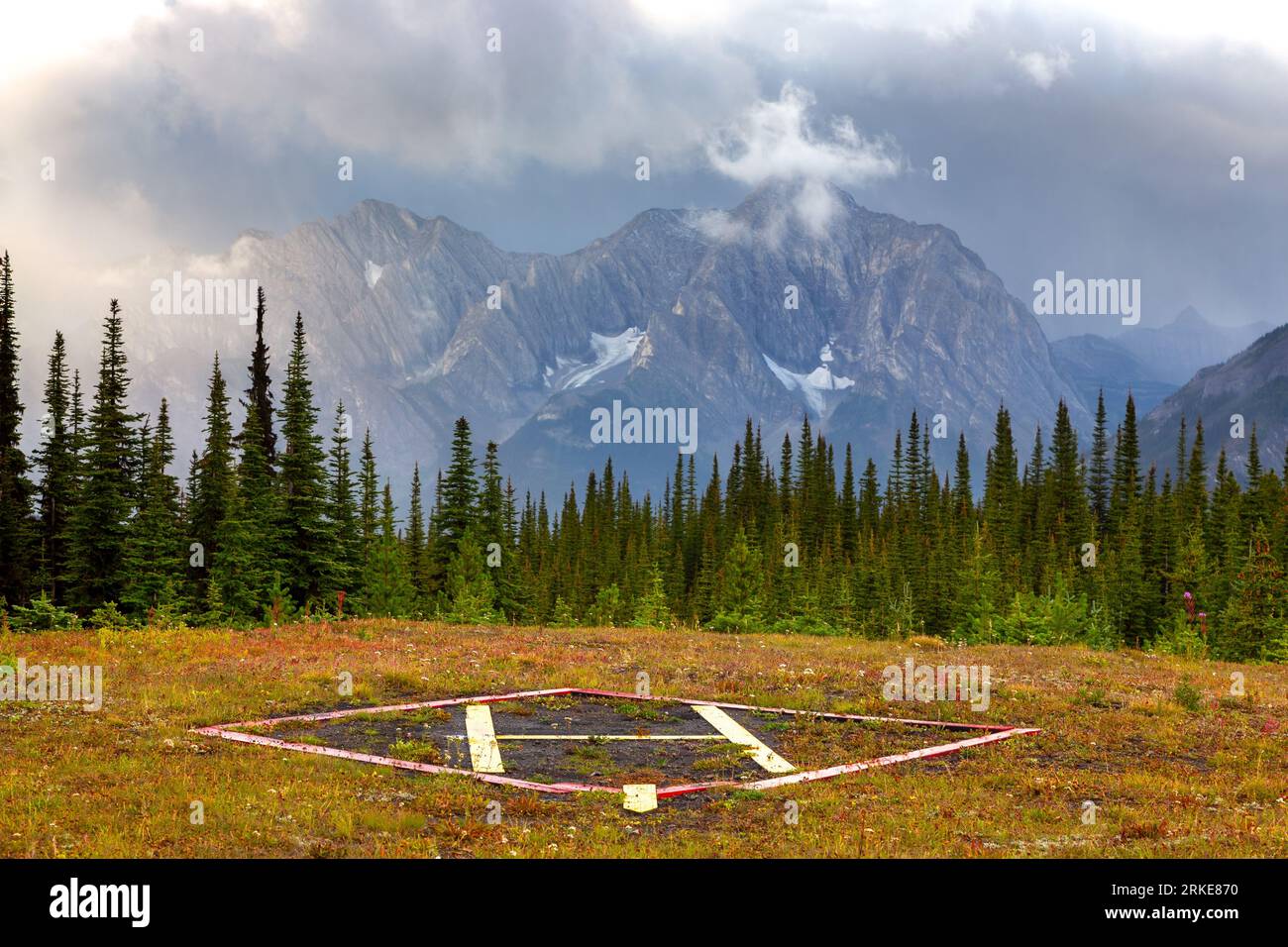 Helicopter Helipad Landing Site in Green Grass Meadow, Cloud Covered ...
