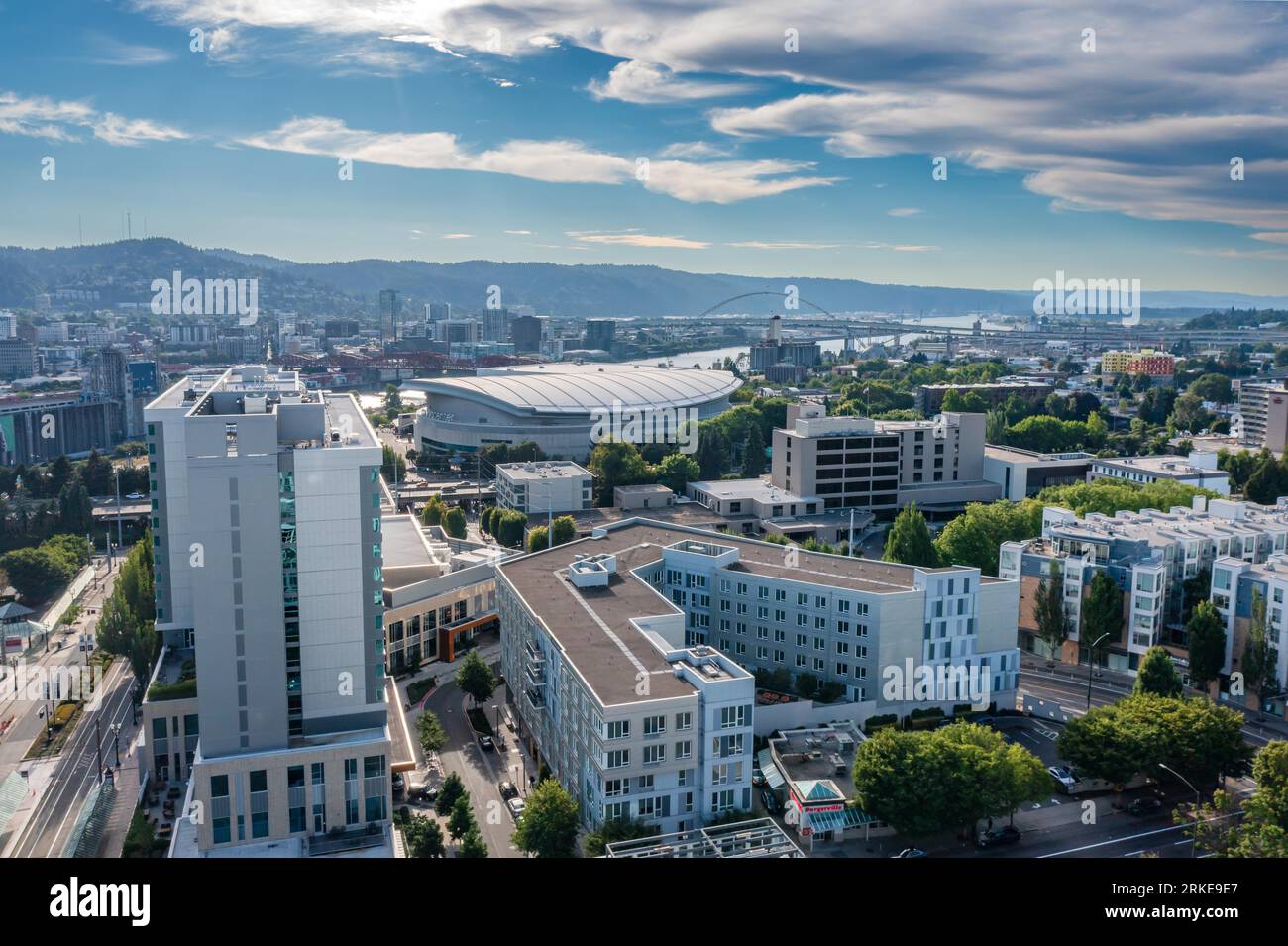 An aerial view of Portland East Side of the Willamette River Downtown ...