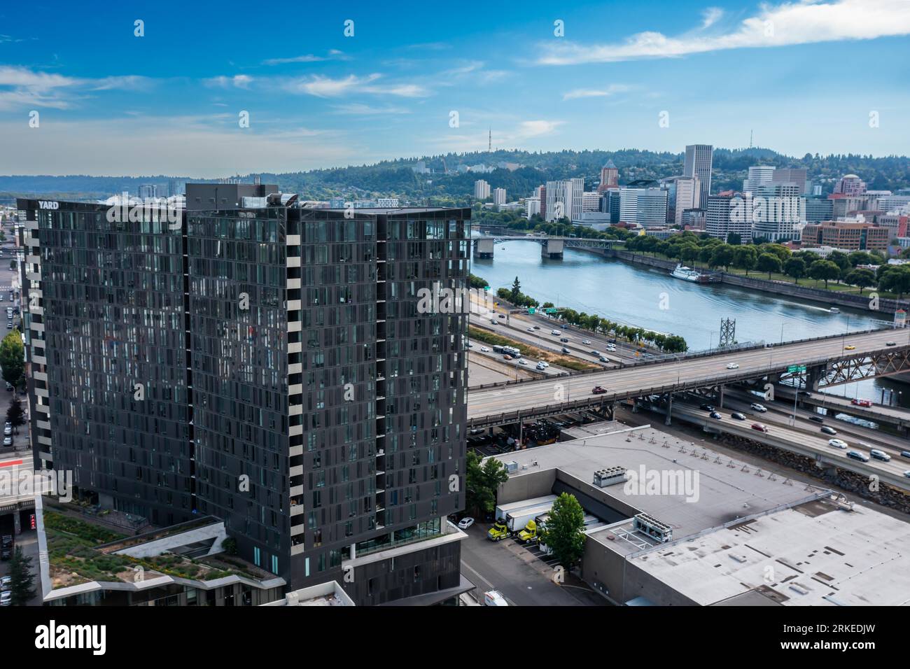 An aerial view of Portland East Side of the Willamette River Downtown ...