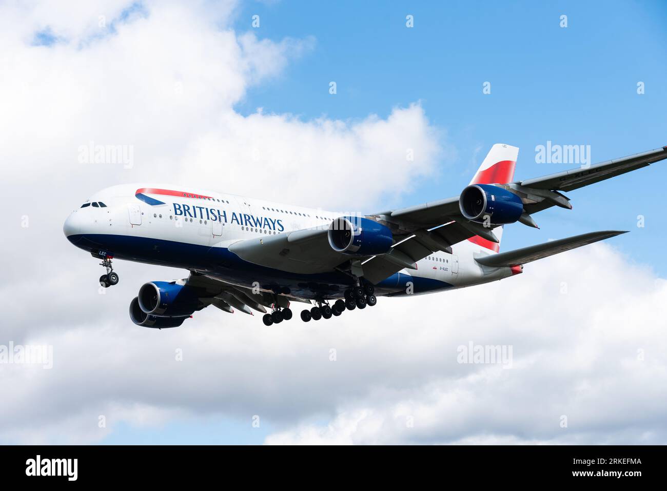 British Airways Airbus A380 jet airliner plane G-XLEC on finals to land ...