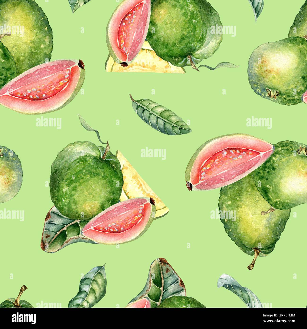 Whole guava and slices, leaves watercolor seamless pattern isolated on ...