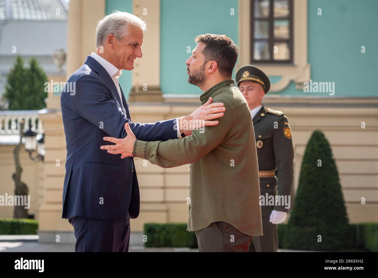 Kyiv, Ukraine 20230824.Prime Minister Jonas Gahr Stoere greets ...
