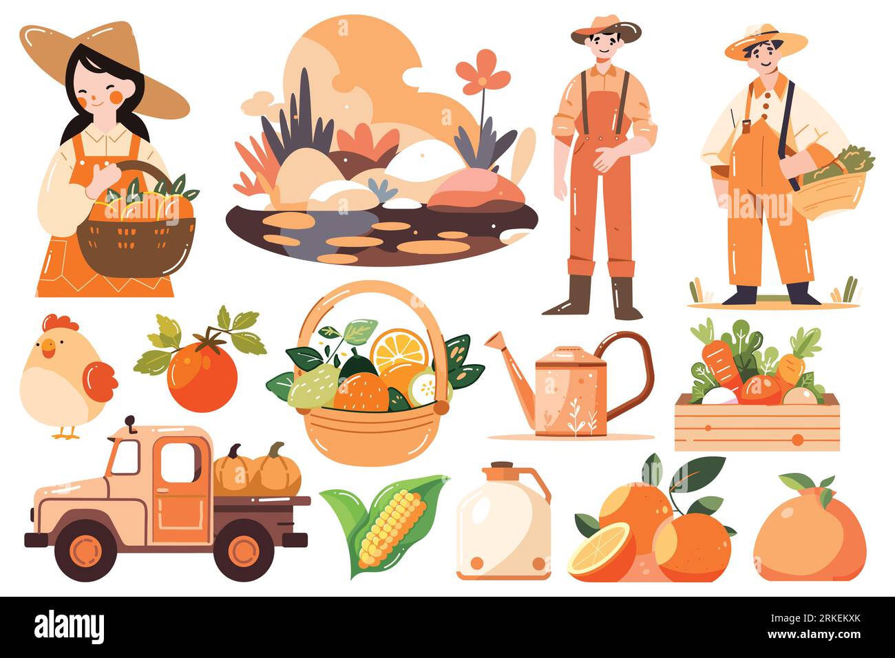 Hand Drawn Set of Farmer and farm objects in flat style isolated on ...