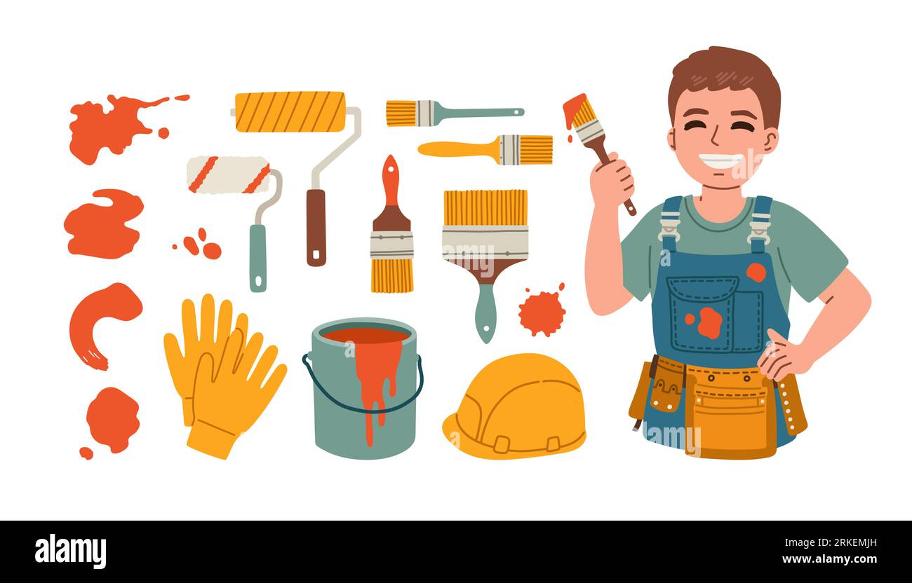 Man painter in uniform with paint brush. Painting tools, brush, roller ...