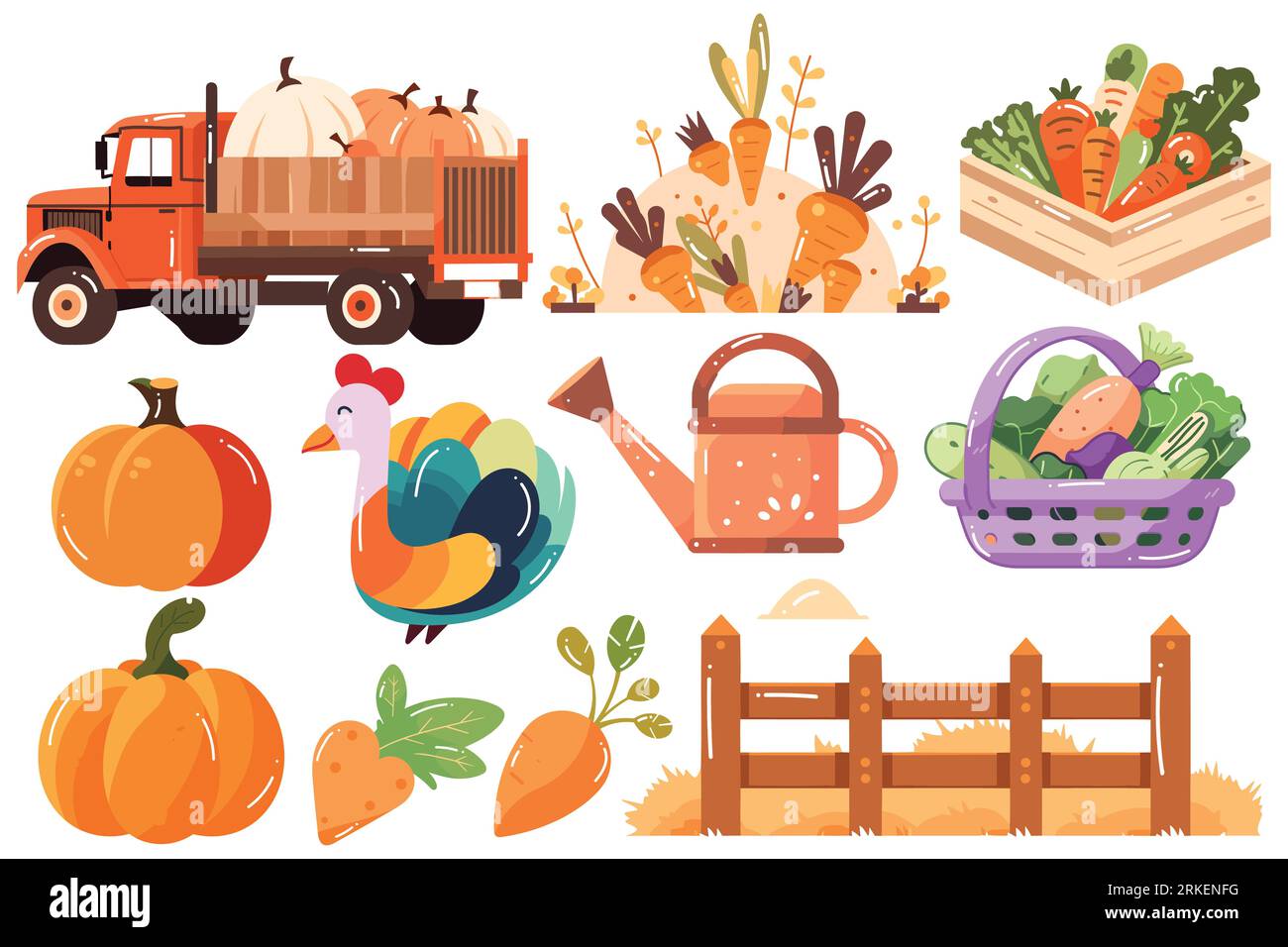 Hand Drawn Set of Farmer and farm objects in flat style isolated on ...