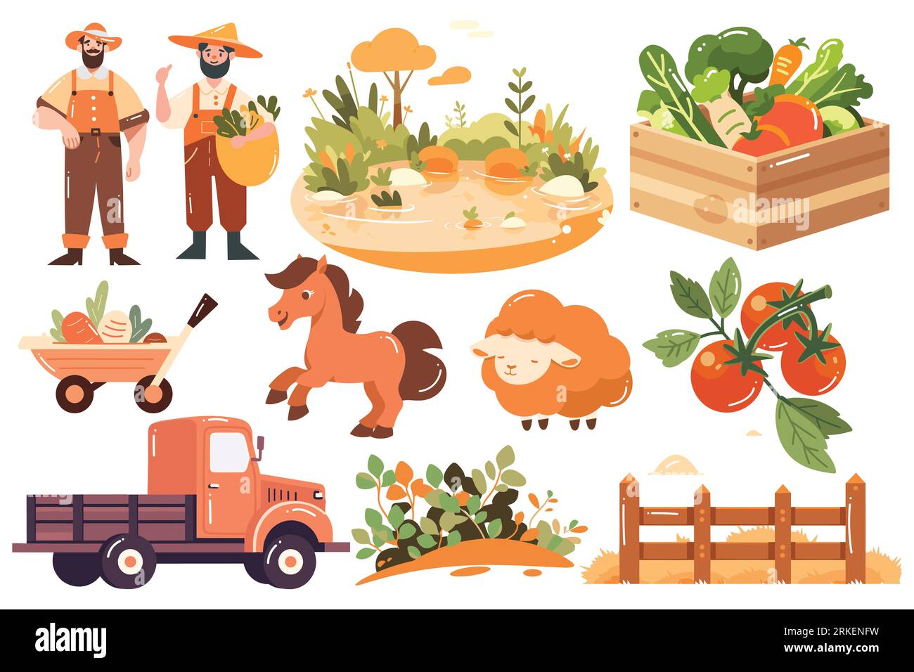 Hand Drawn Set of Farmer and farm objects in flat style isolated on ...