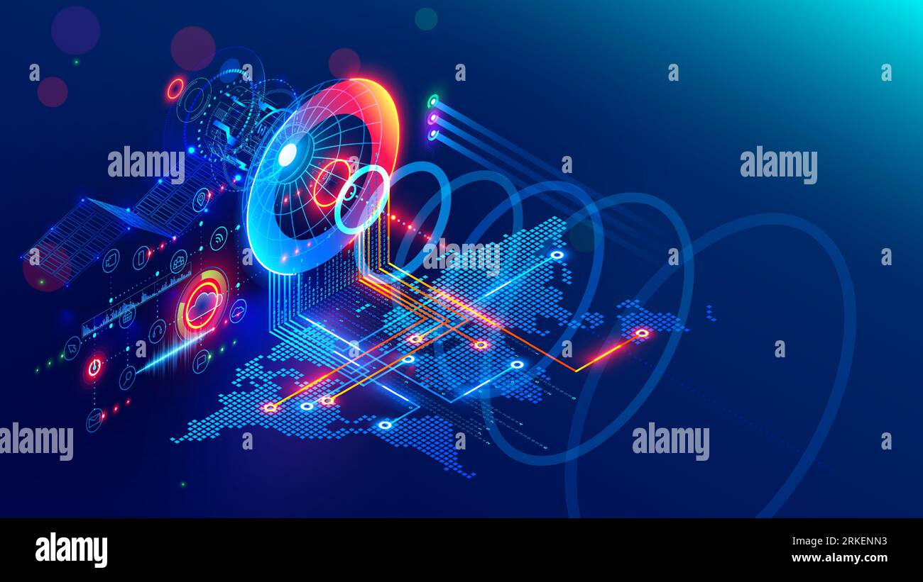 Global Satellite internet communications concept. Satellite transmits ...