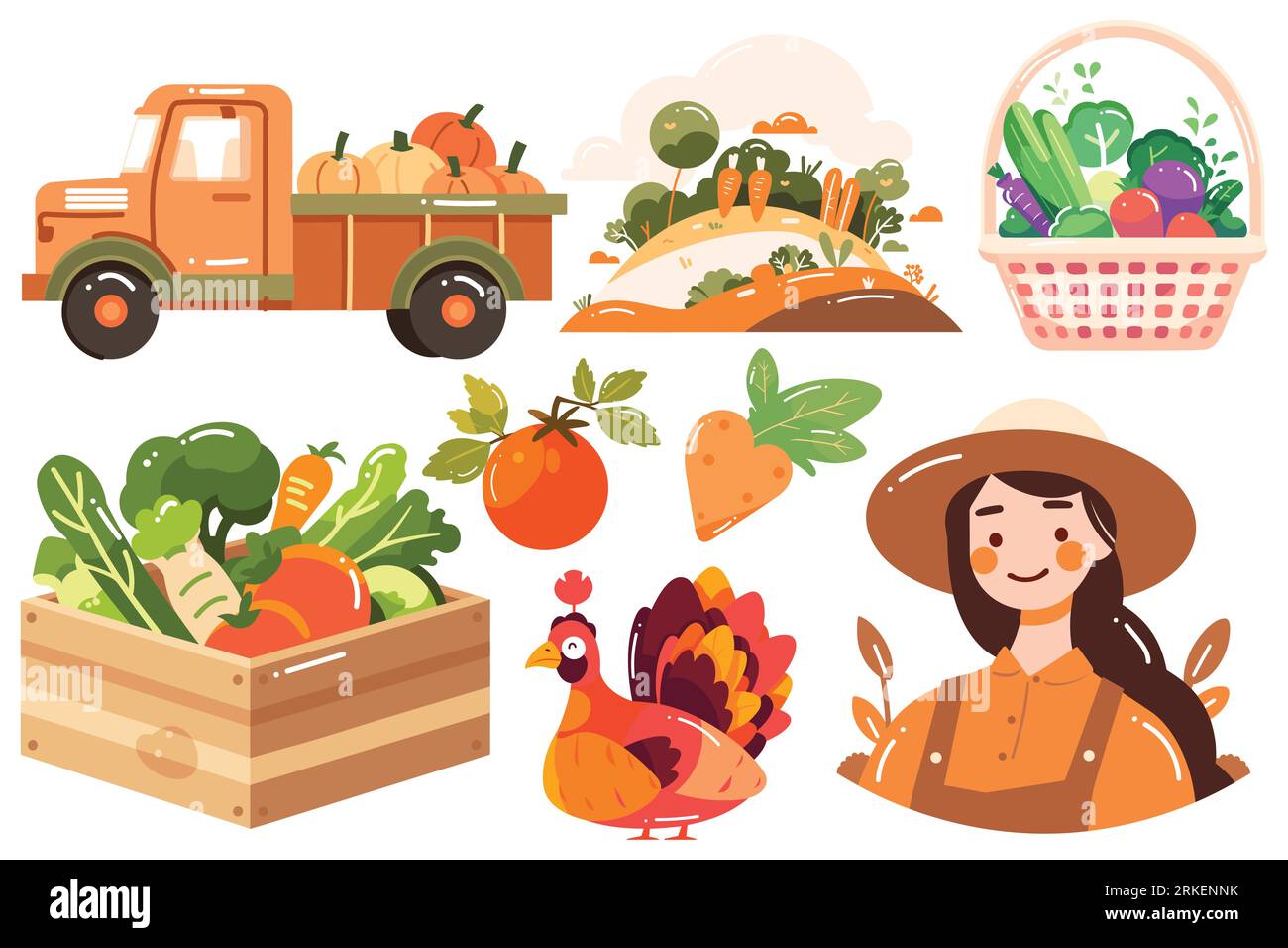 Hand Drawn Set of Farmer and farm objects in flat style isolated on ...