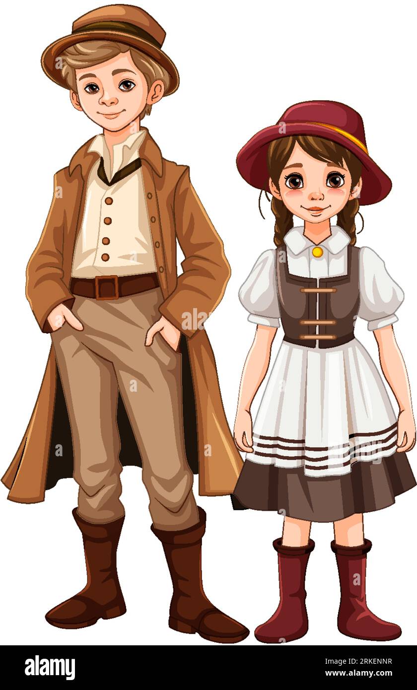 A cartoon illustration of a man and woman wearing vintage clothing ...