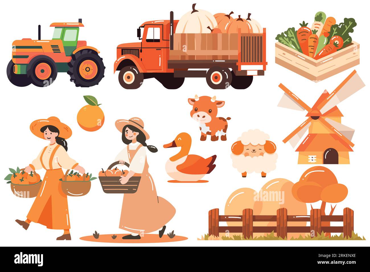 Hand Drawn Set of Farmer and farm objects in flat style isolated on ...