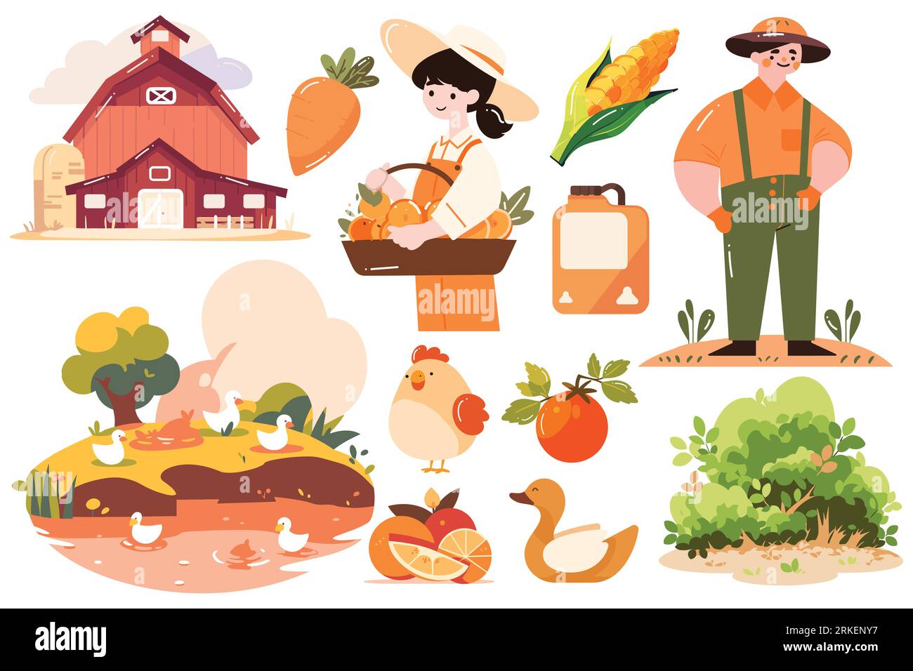 Hand Drawn Set of Farmer and farm objects in flat style isolated on ...