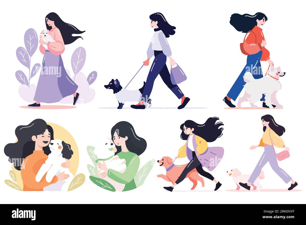 Hand Drawn Set of character is walking happily with the dog in flat ...