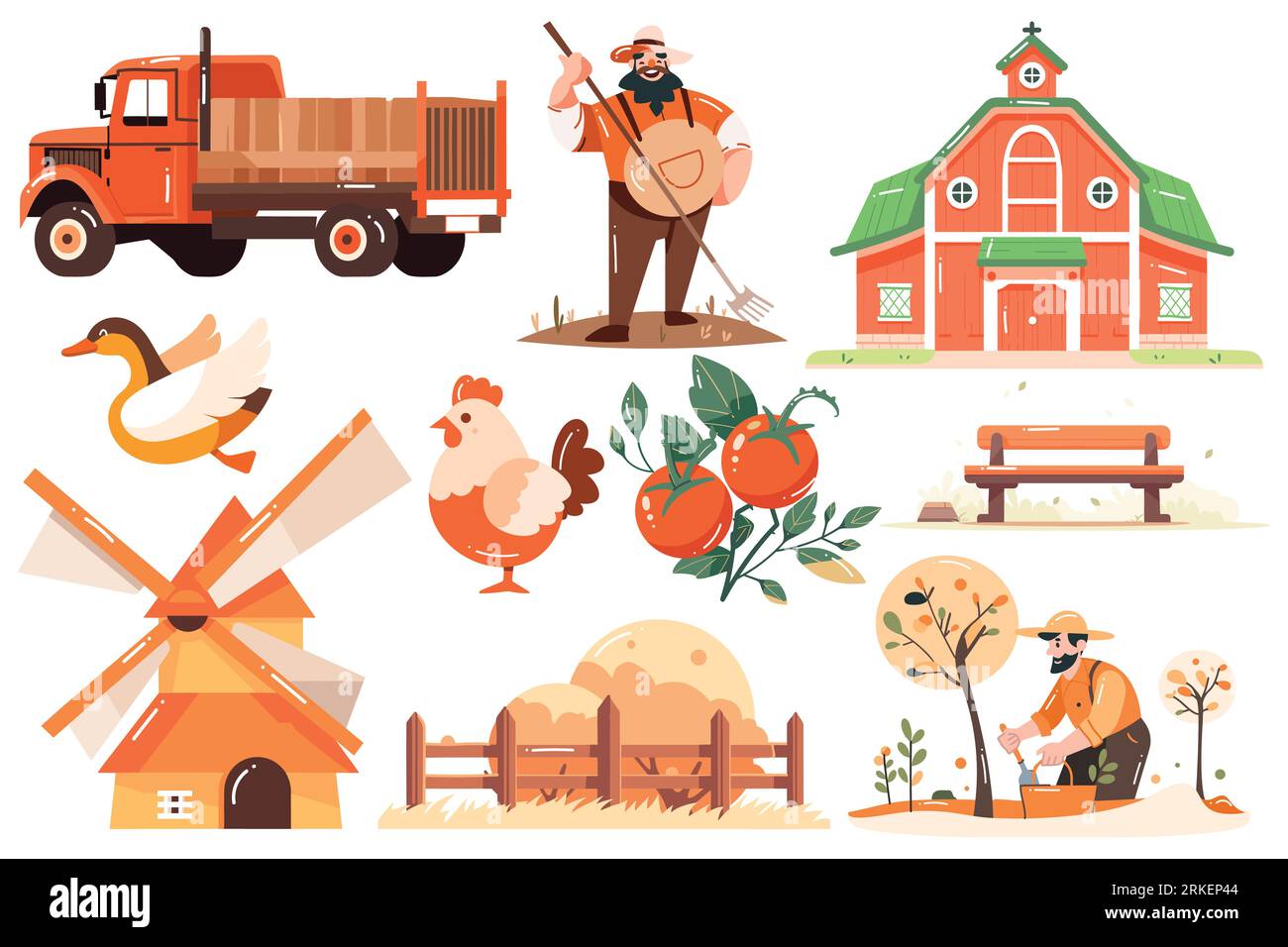 Hand Drawn Set of Farmer and farm objects in flat style isolated on ...