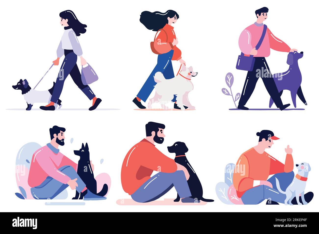 Hand Drawn Set of character is walking happily with the dog in flat ...