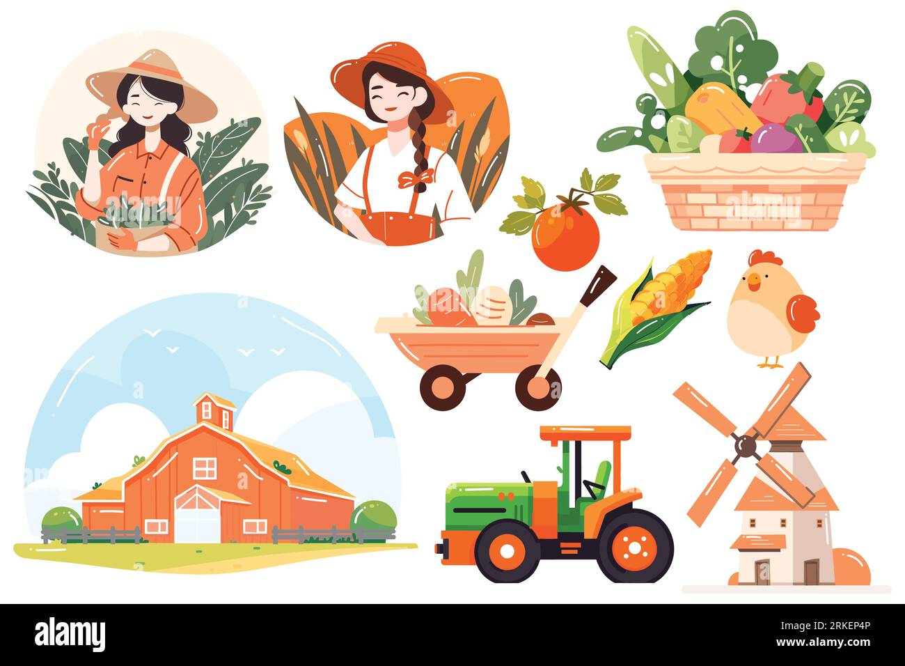 Hand Drawn Set of Farmer and farm objects in flat style isolated on ...