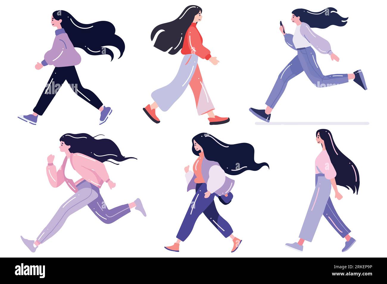 Hand Drawn Set of woman walking and running happily in flat style ...