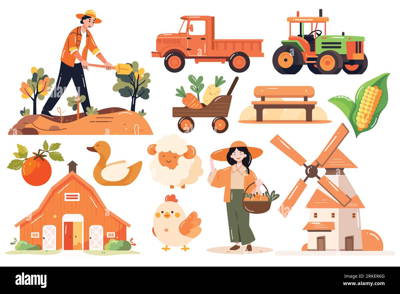 Hand Drawn Set of Farmer and farm objects in flat style isolated on ...