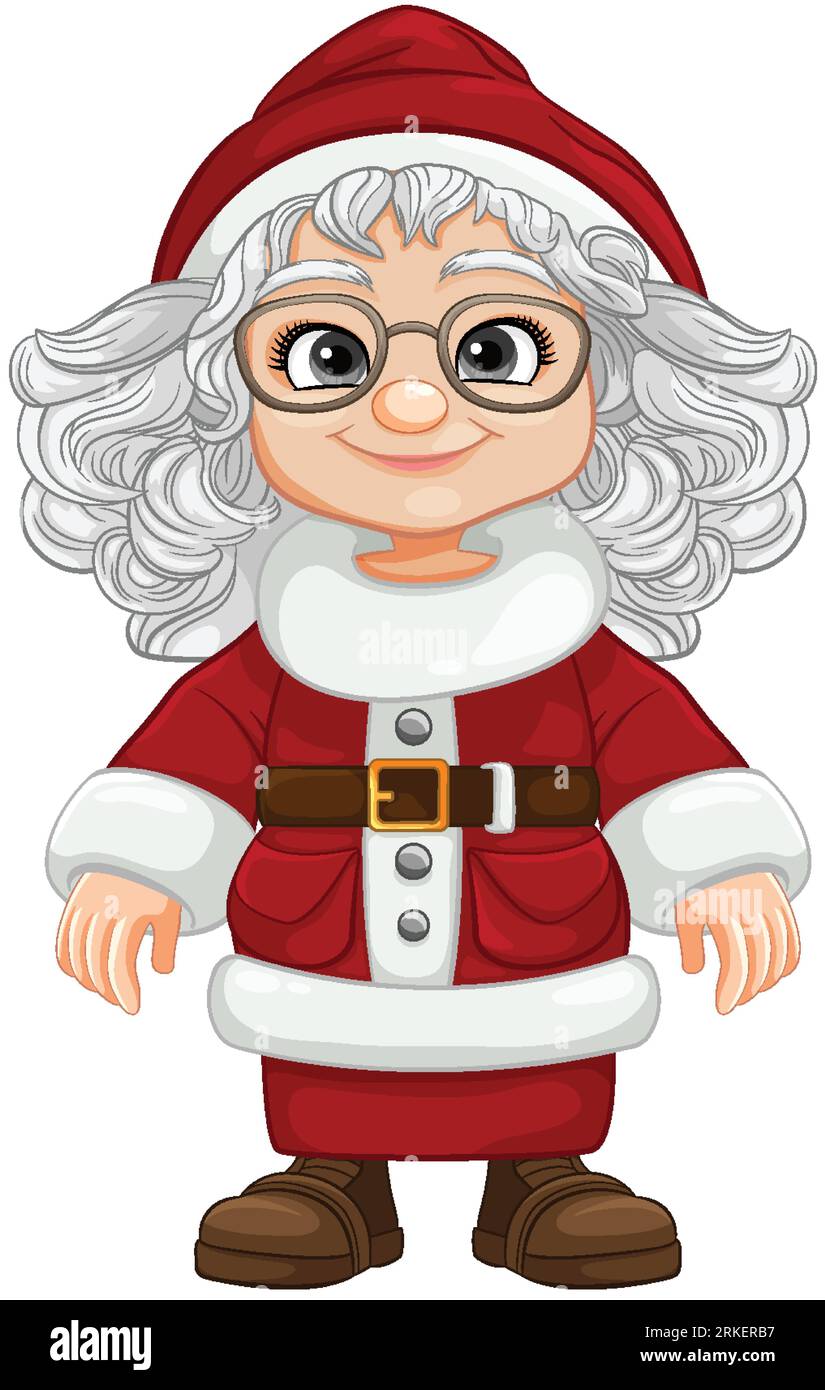 A joyful female Santa Claus with glasses in a cartoon illustration ...