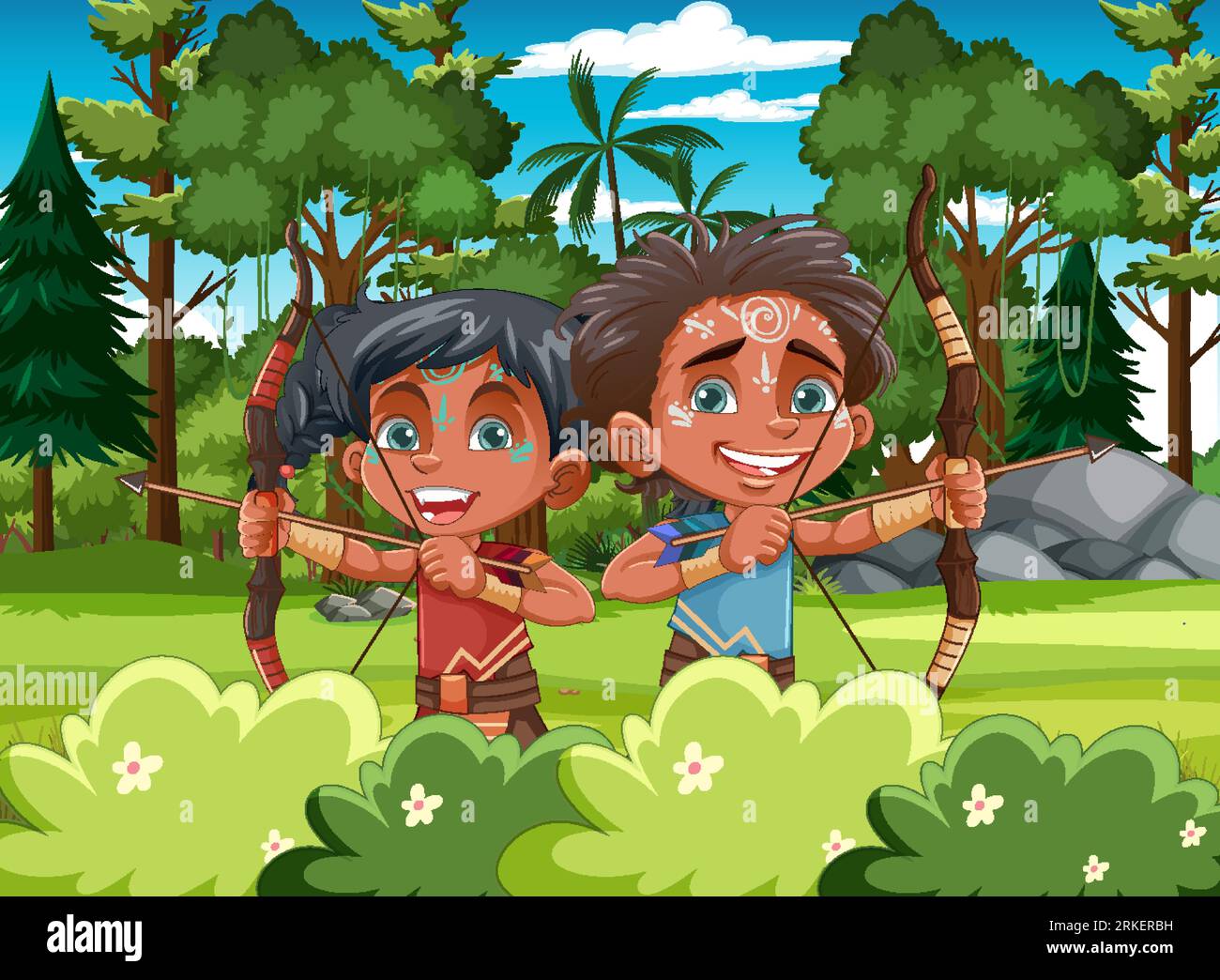 A vector cartoon illustration of indigenous people hunting in a forest ...