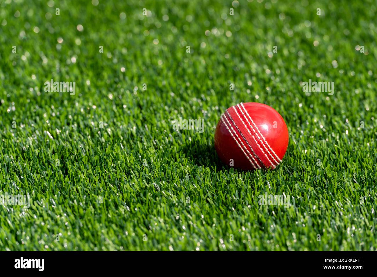 Cricket red ball with natural lighting on green grass. Horizontal sport ...