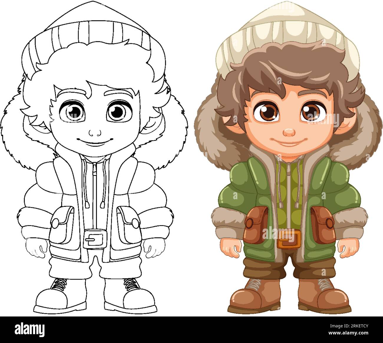 Vector cartoon character wearing puffer jacket, beanie hat, and boots ...