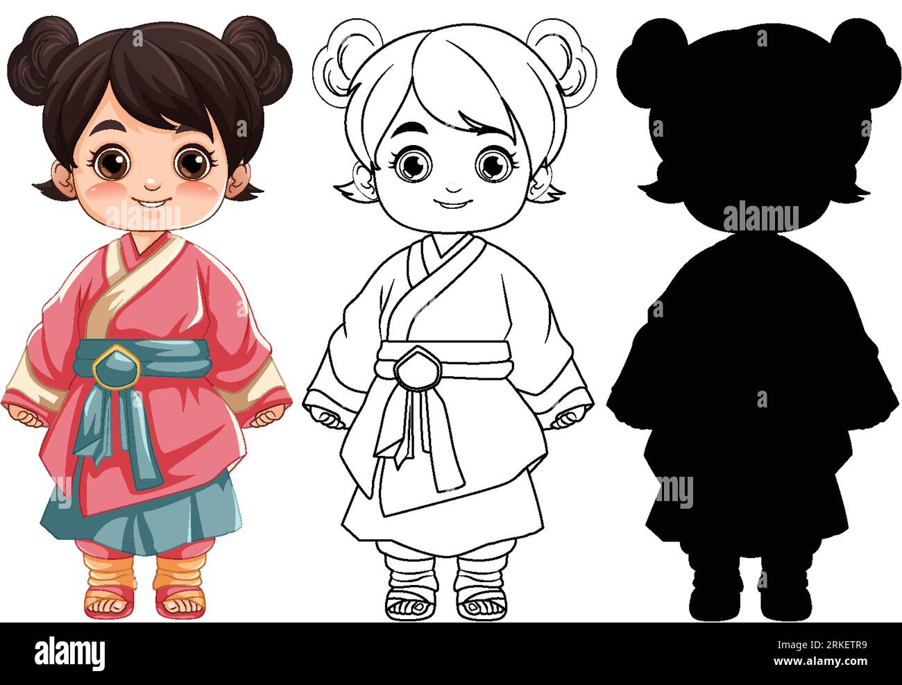 A vector cartoon illustration of an Asian girl in traditional dress ...