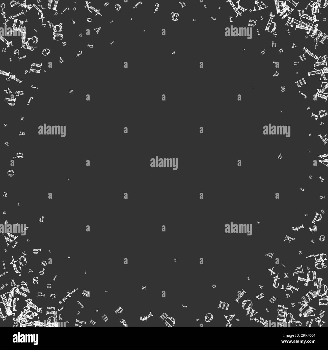 Scattered letters of latin alphabet. White chalk floating characters of ...