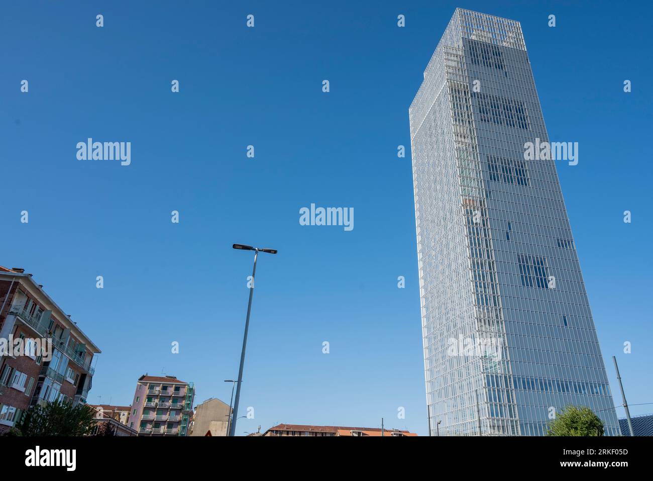 Turin, Piedmont, Italy - August 06, 2023. Skyscraper in the Piedmont region taken from below ...