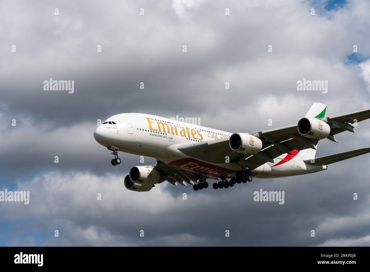 Emirates Airbus A380 jet airliner plane A6-EVN on finals to land at ...
