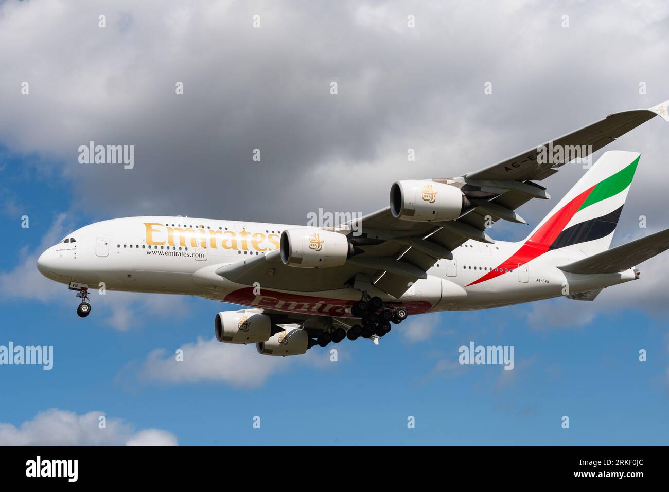 Emirates Airbus A380 jet airliner plane A6-EVN on finals to land at ...