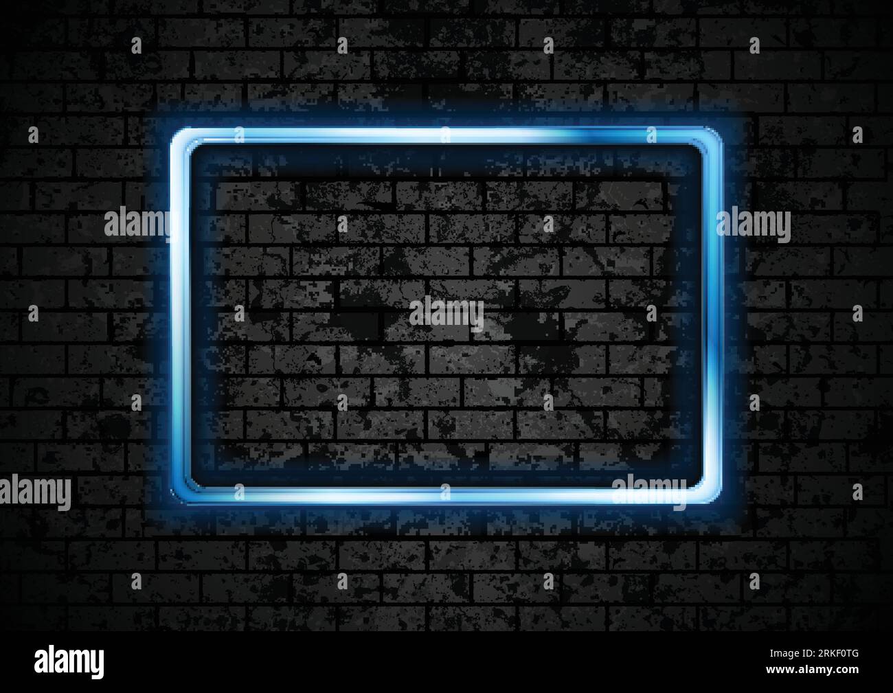 Blue glowing neon rectangle frame on black grunge brick wall. Vector ...