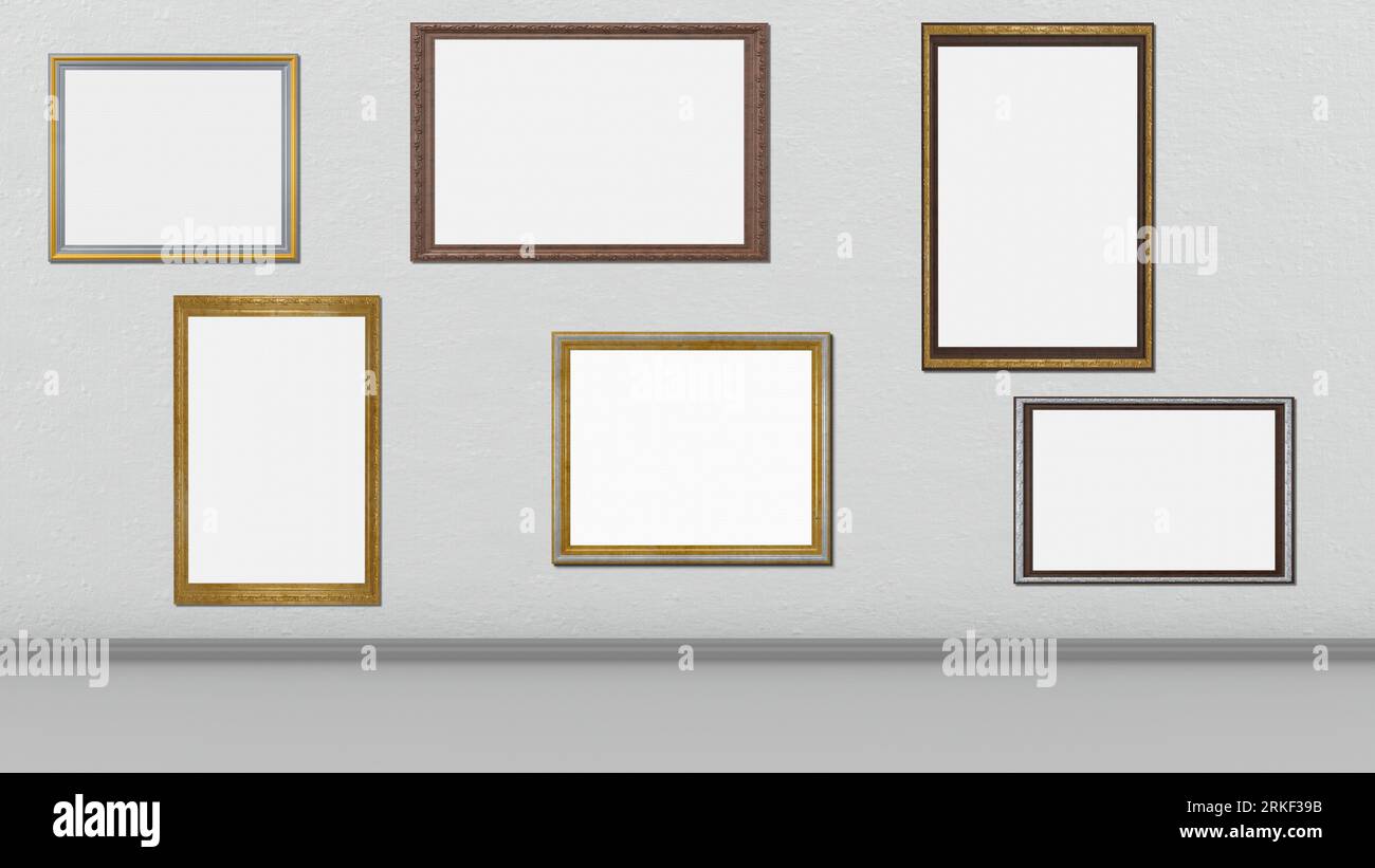 Frames, empty paintings on display on white wall. Six frames with empty ...