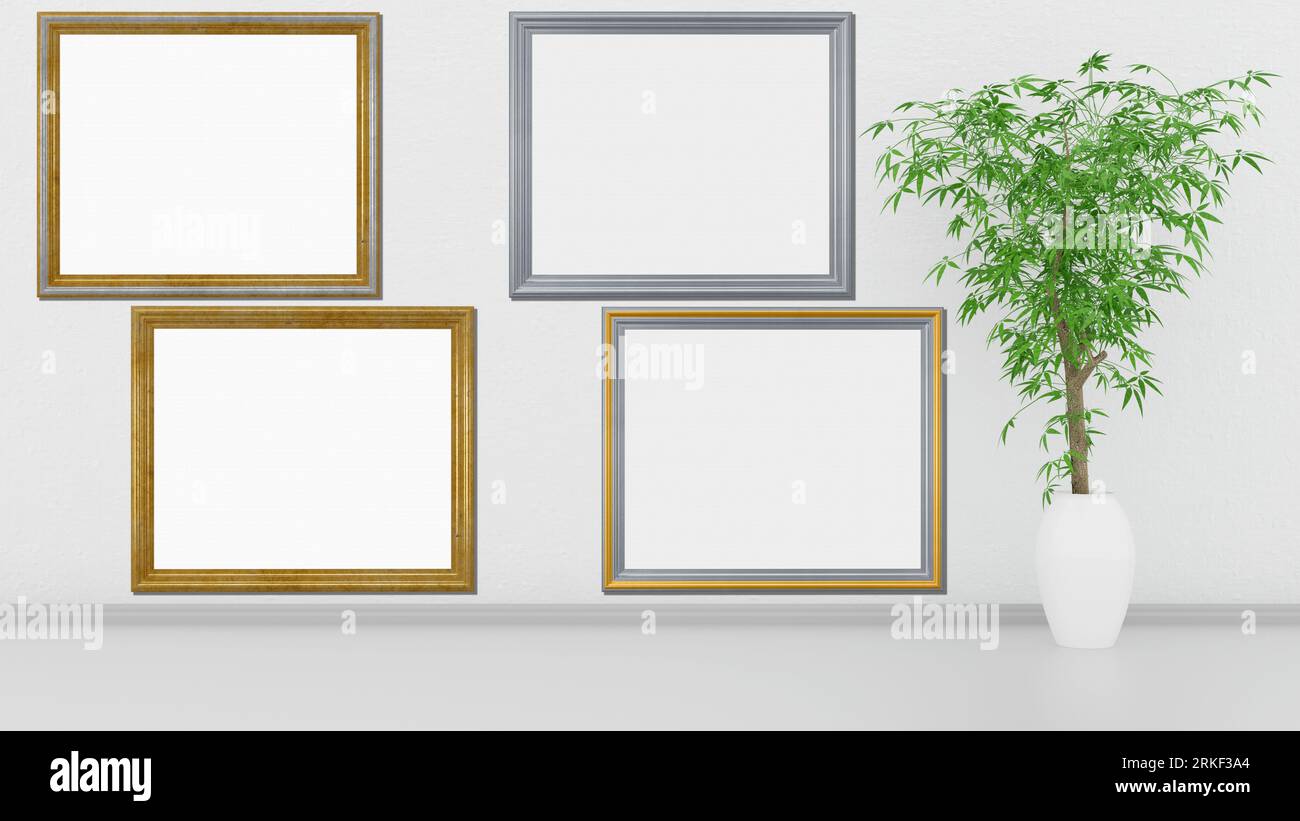 Frames, empty paintings on display on white wall. Four picture frames ...