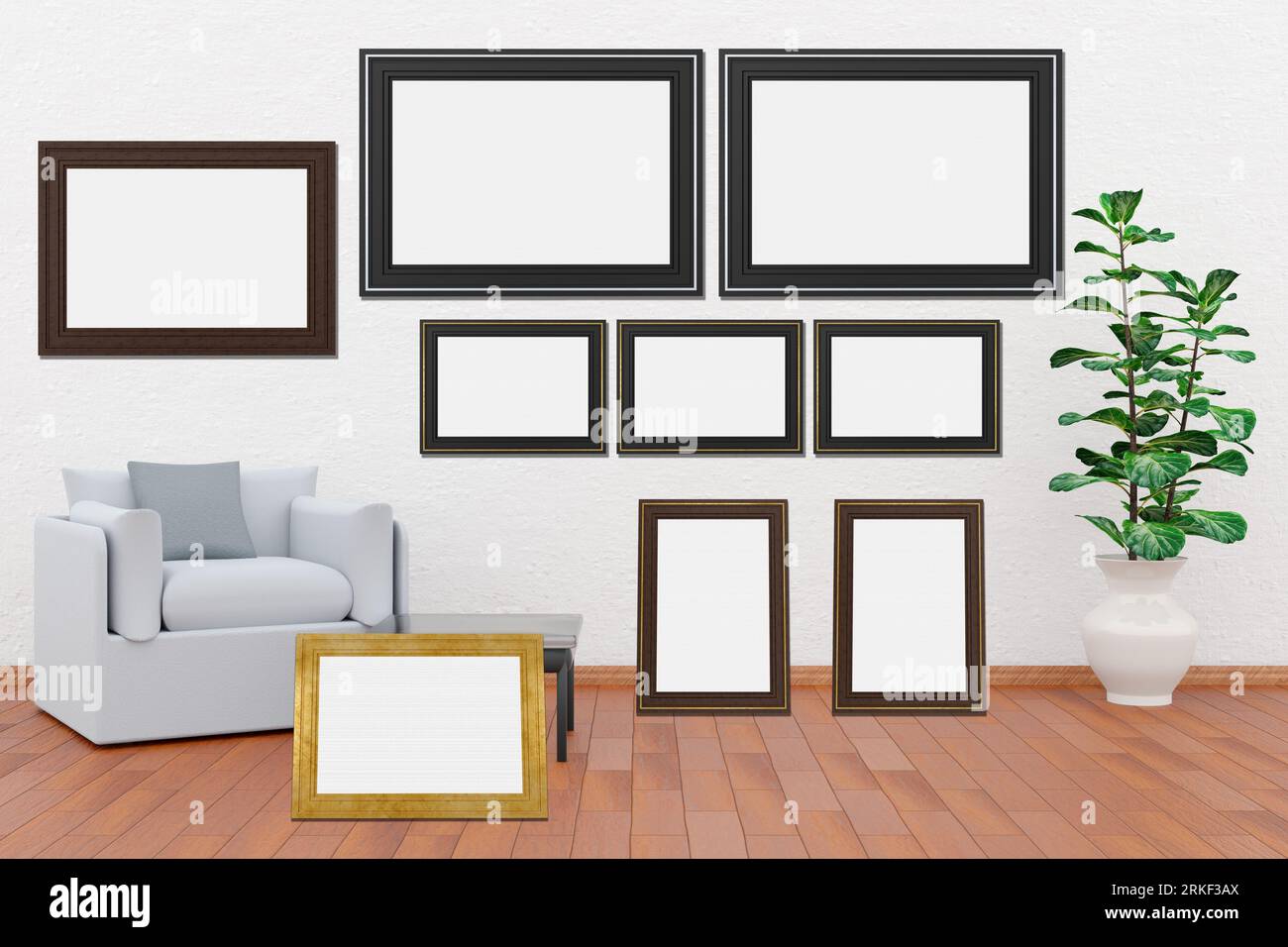 Frames, empty paintings on display on white wall. Nine frames with ...