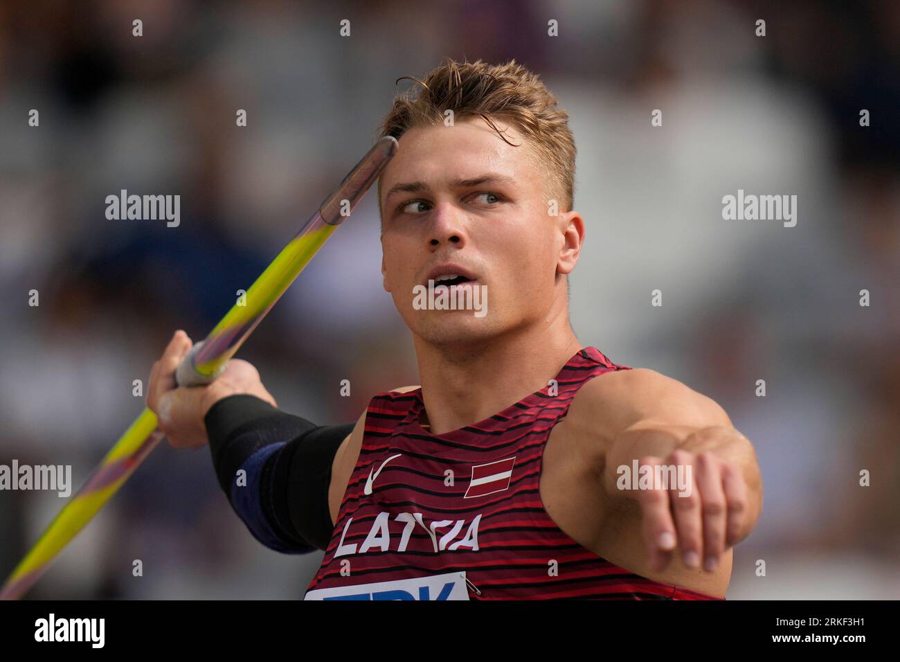 Patriks Gailums, of Latvia, makes an attempt in the Men's javelin throw ...