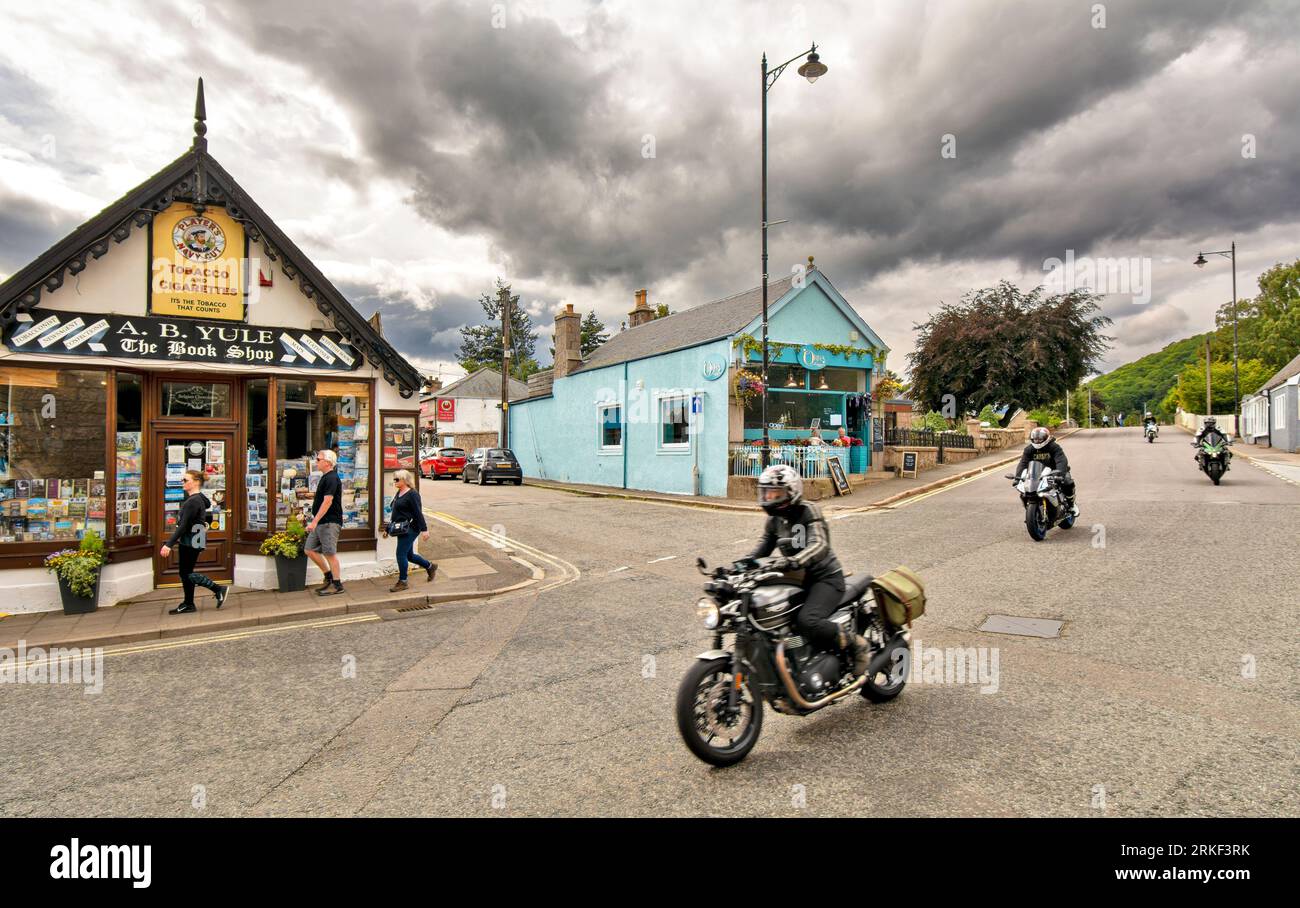 Ballater Aberdeenshire Scotland shops people and motorbikes on the ...