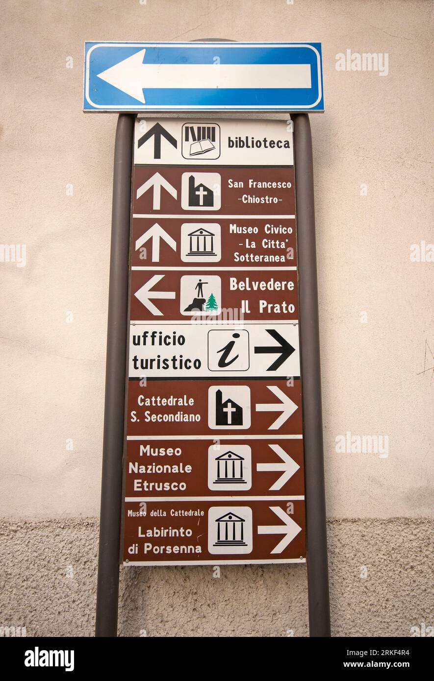 Direction sign to attractions in Chiusi village, Siena,Tuscany Stock ...